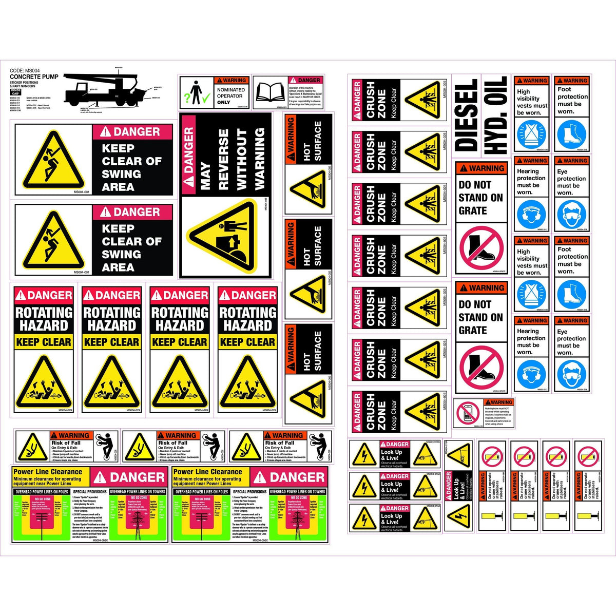 Machinery Safety Sticker/Decal Set, Concrete Pump