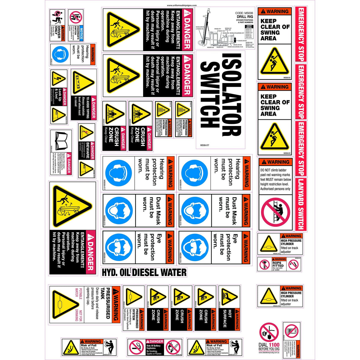 Machinery Safety Sticker/Decal Set, Drill Rig