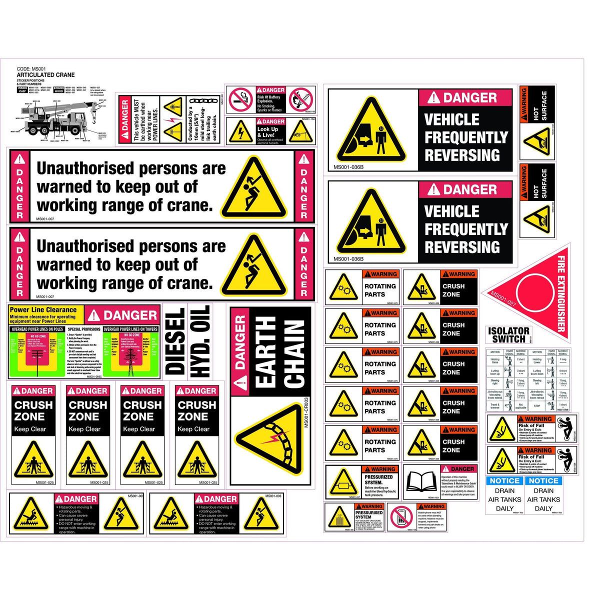 Machinery Safety Sticker/Decal Set, Articulated Crane