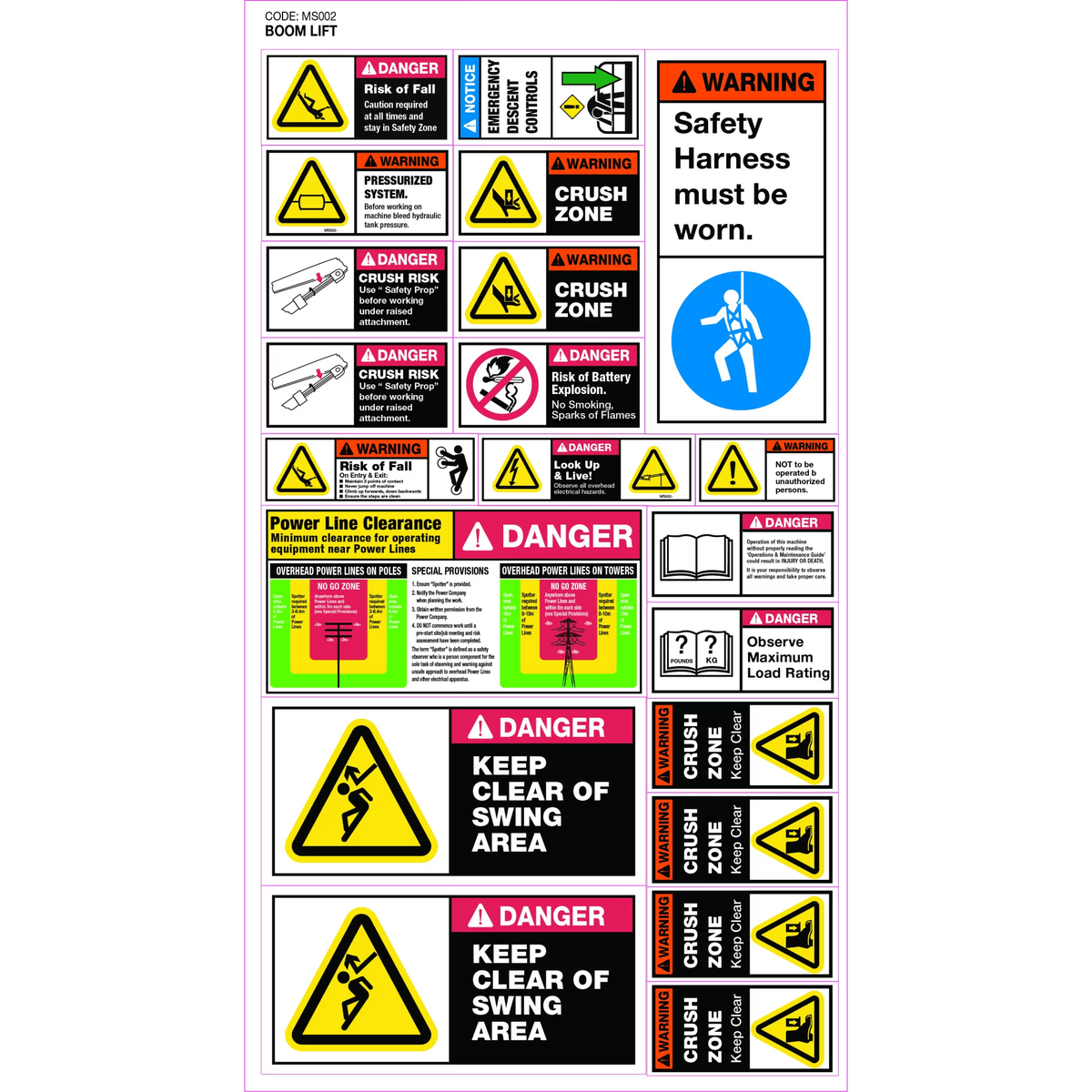 Machinery Safety Sticker/Decal Set, Boom Lift