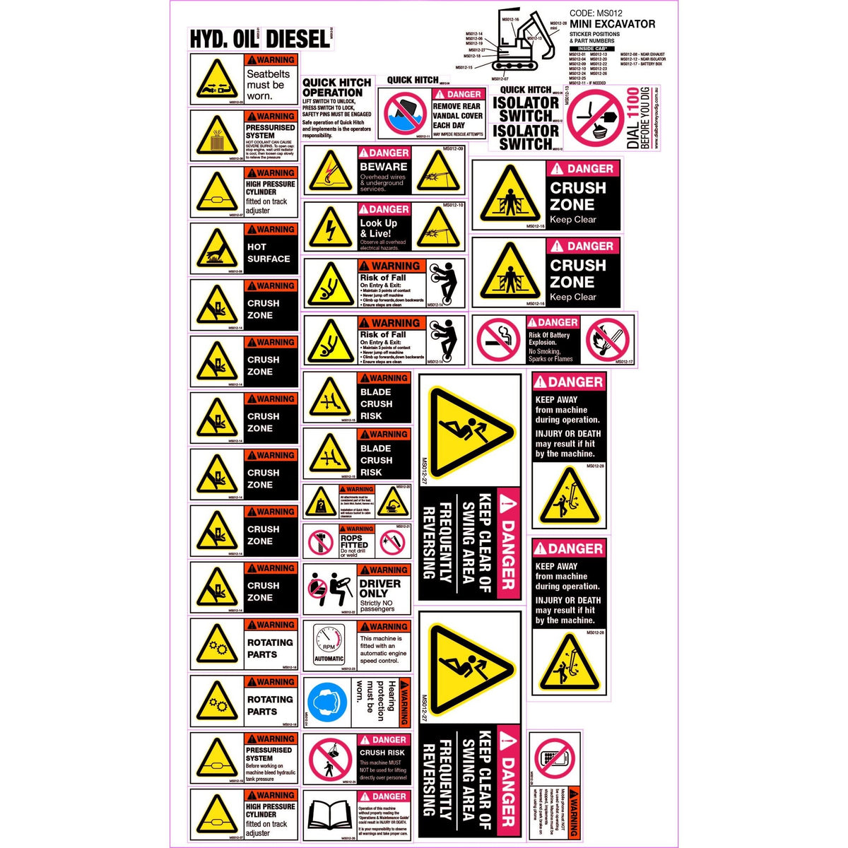 Machinery Safety Sticker/Decal Set, Mini Excavator