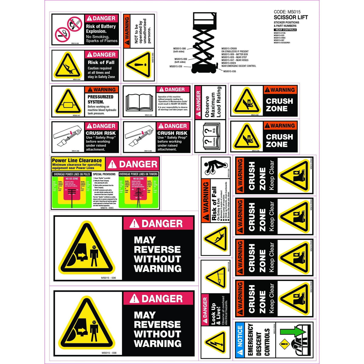Machinery Safety Sticker/Decal Set, Scissor Lift