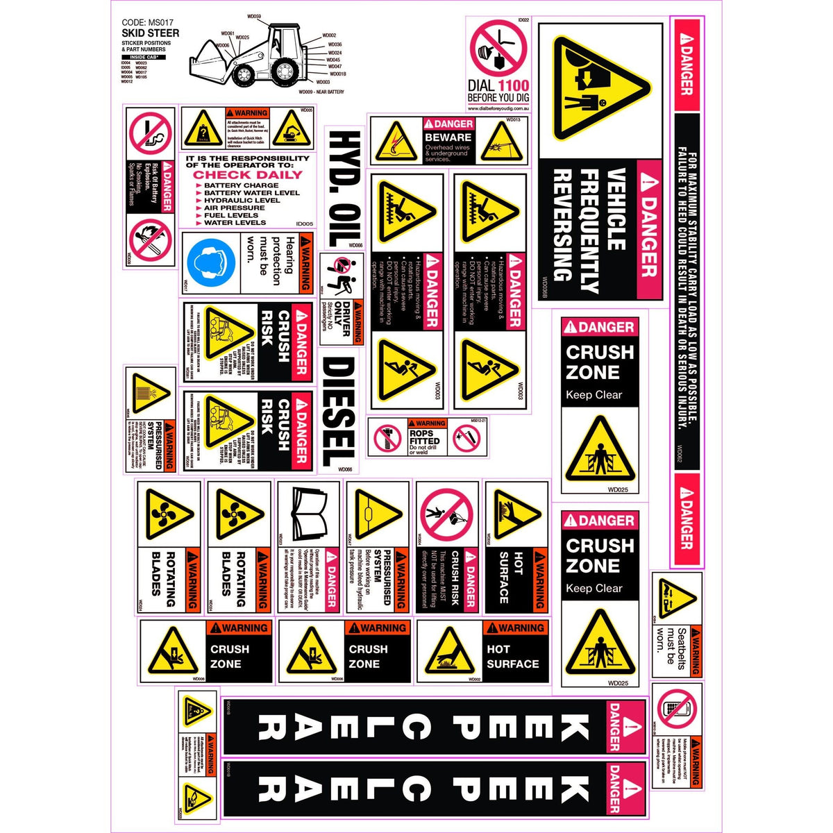Machinery Safety Sticker/Decal Set, Skid Steer