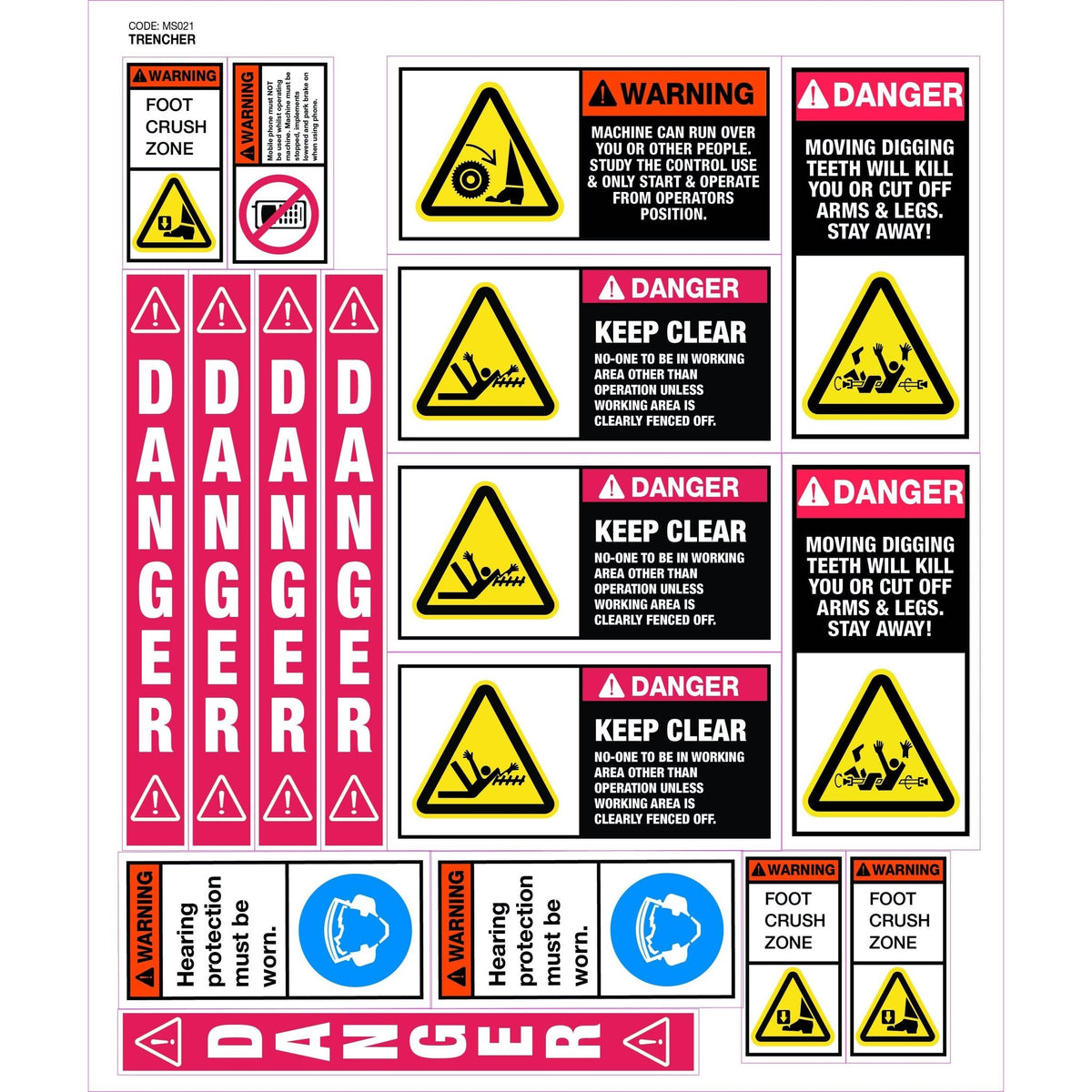 Machinery Safety Sticker/Decal Set, Trencher