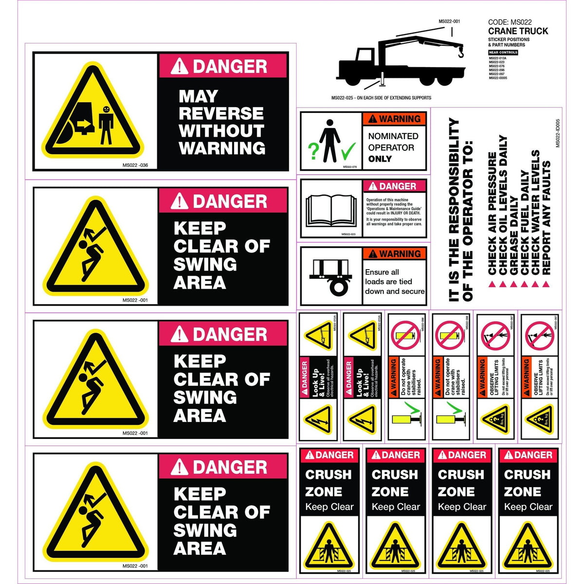 Machinery Safety Sticker/Decal Set, Truck Crane