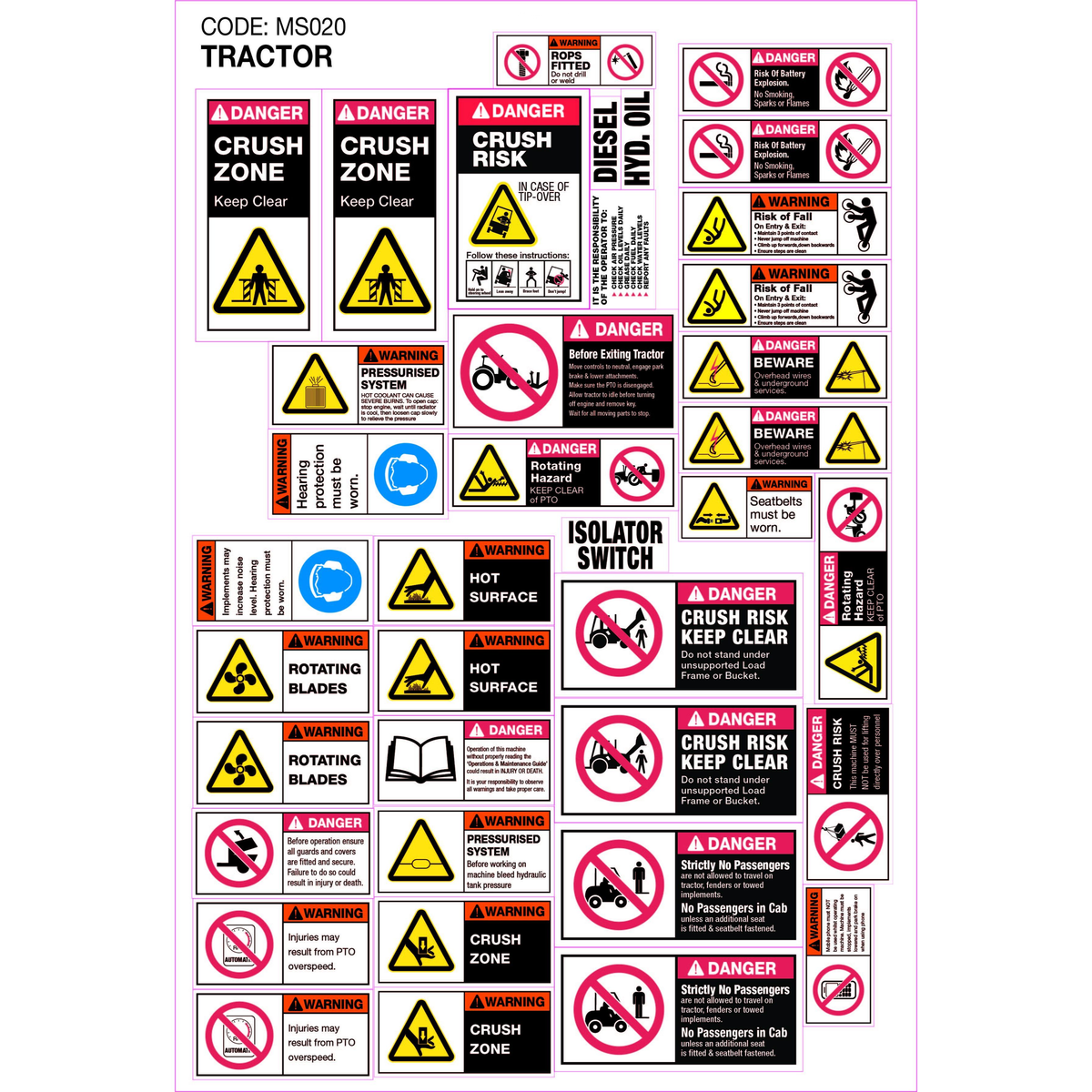 Machinery Safety Sticker/Decal Set, Tractor