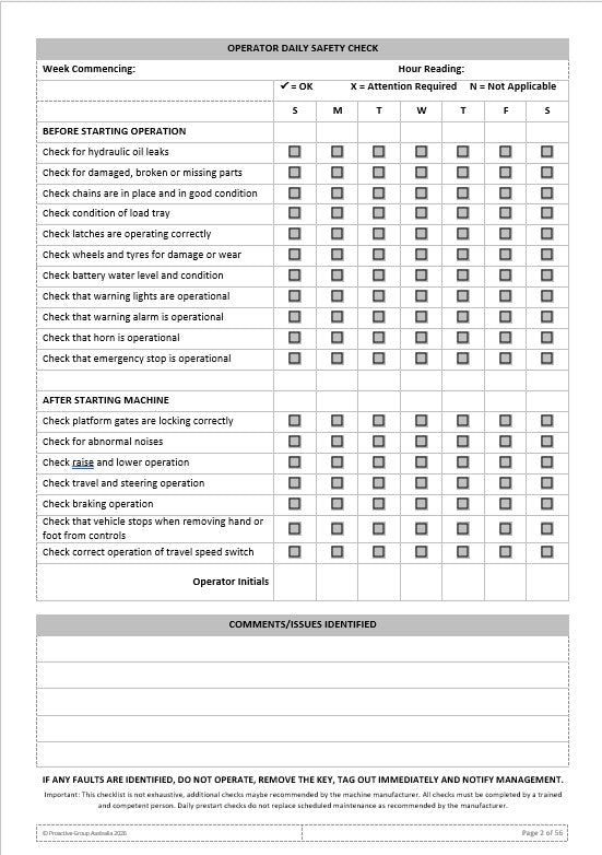 Work Assist Vehicle (WAV) Operator Pre Start Maintenance Checklist Logbook