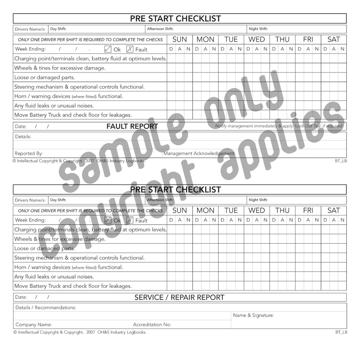 Battery Truck Pre Start & Maintenance Checklist Logbook