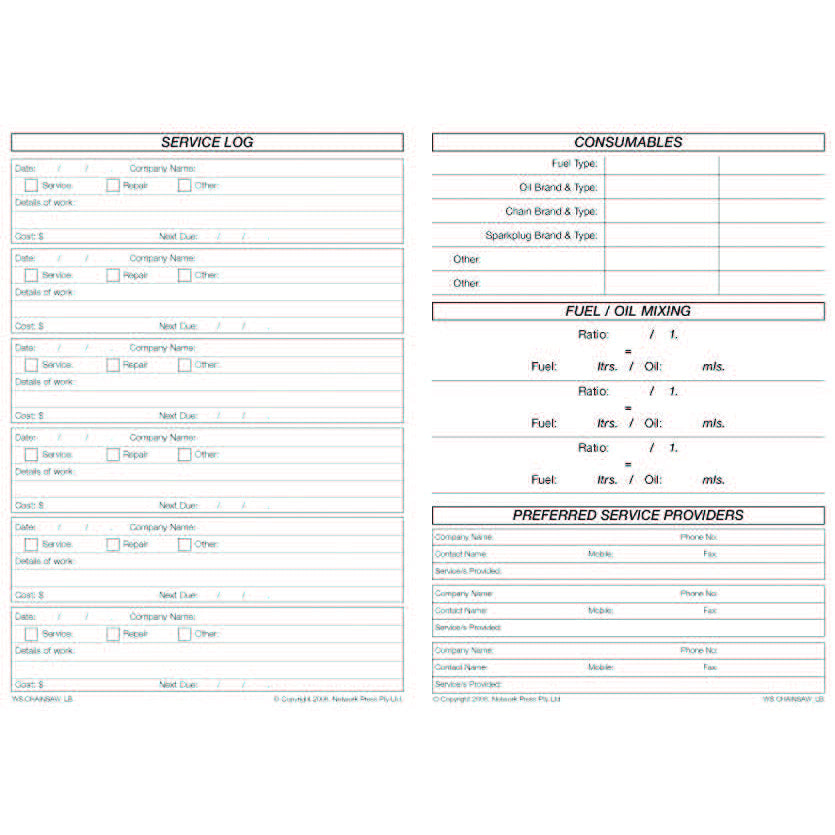 Chainsaw Pre Start & Maintenance Logbook