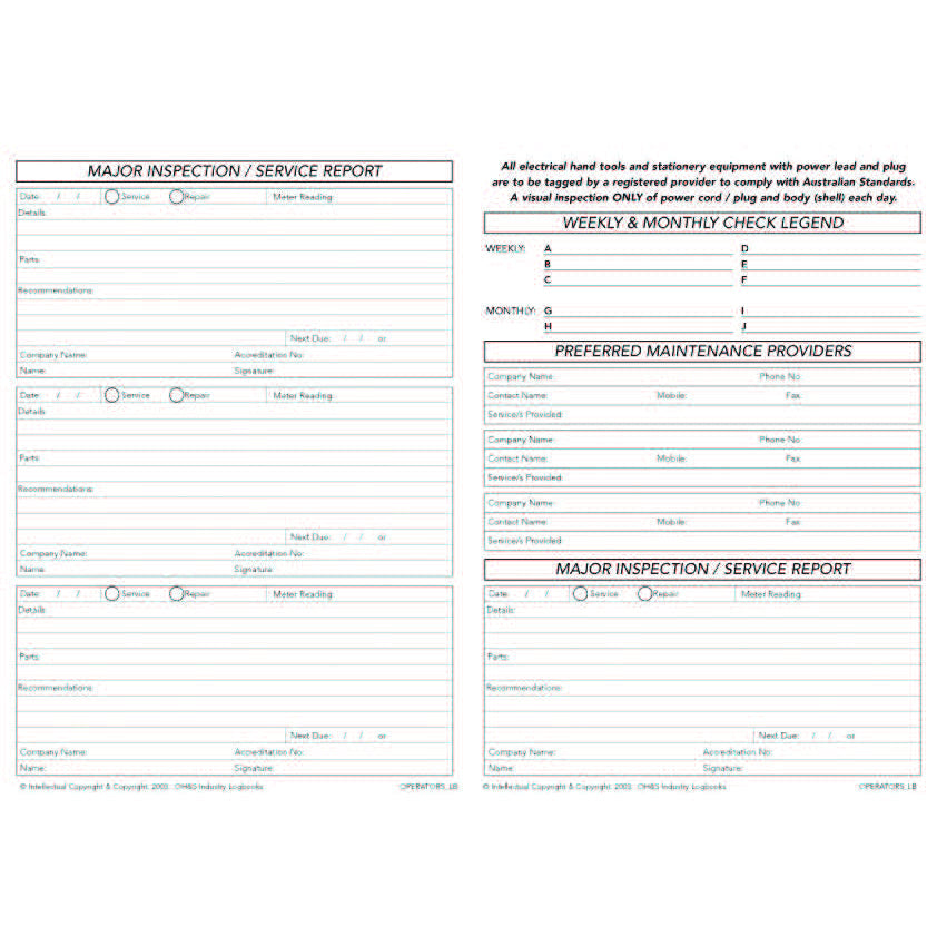 General Operators Safety Check & Maintenance Logbook