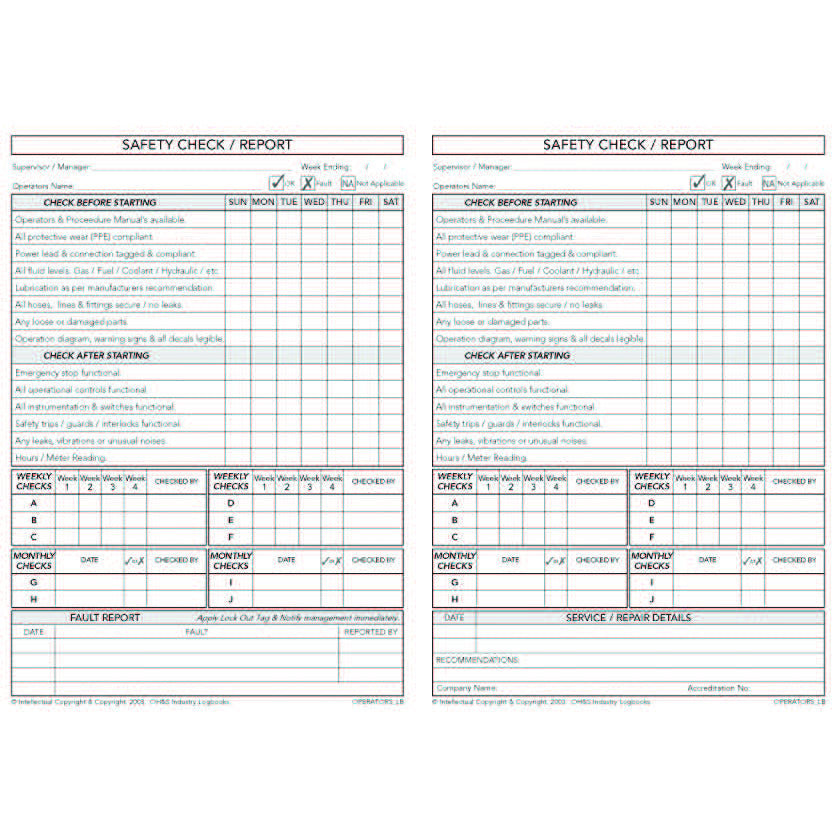 General Operators Safety Check & Maintenance Logbook