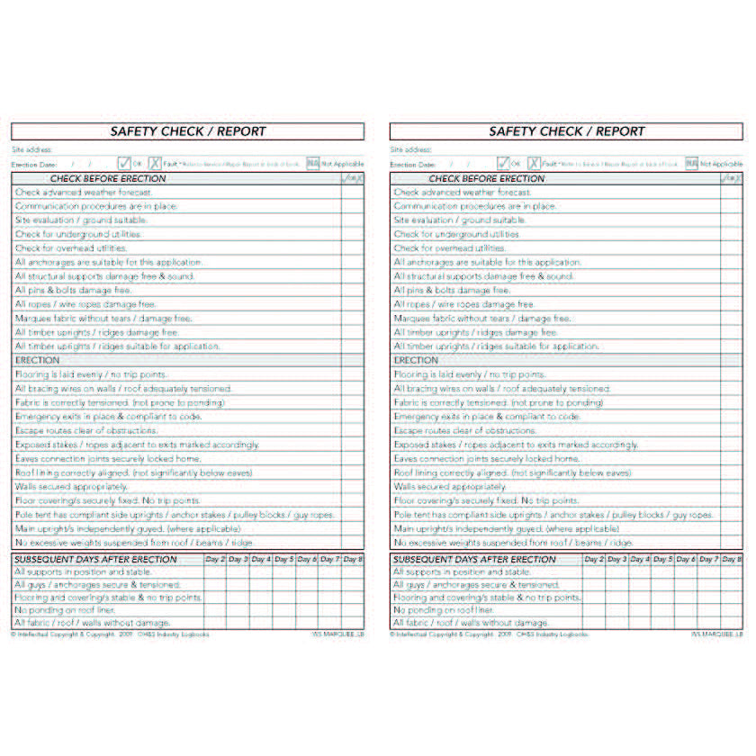 Marquee Pre Start Safety Checklist & Maintenance Logbook