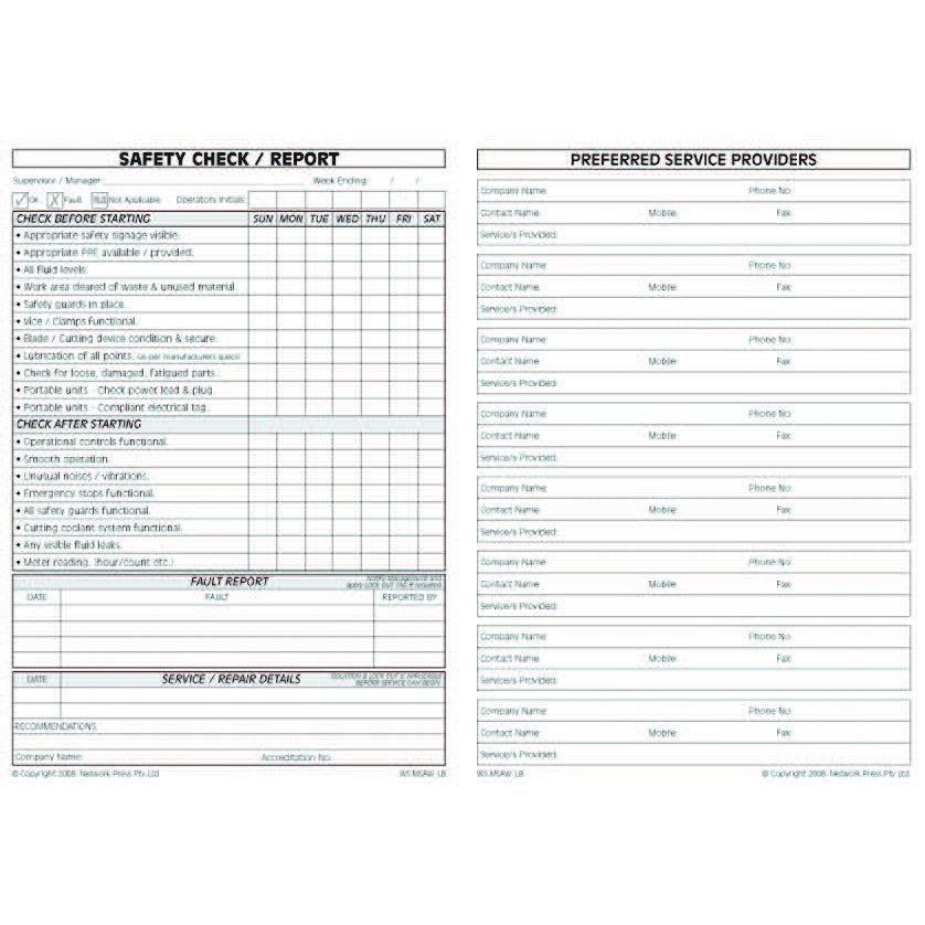 Metal Cut Off Saw Pre Start Safety Check & Maintenance Book
