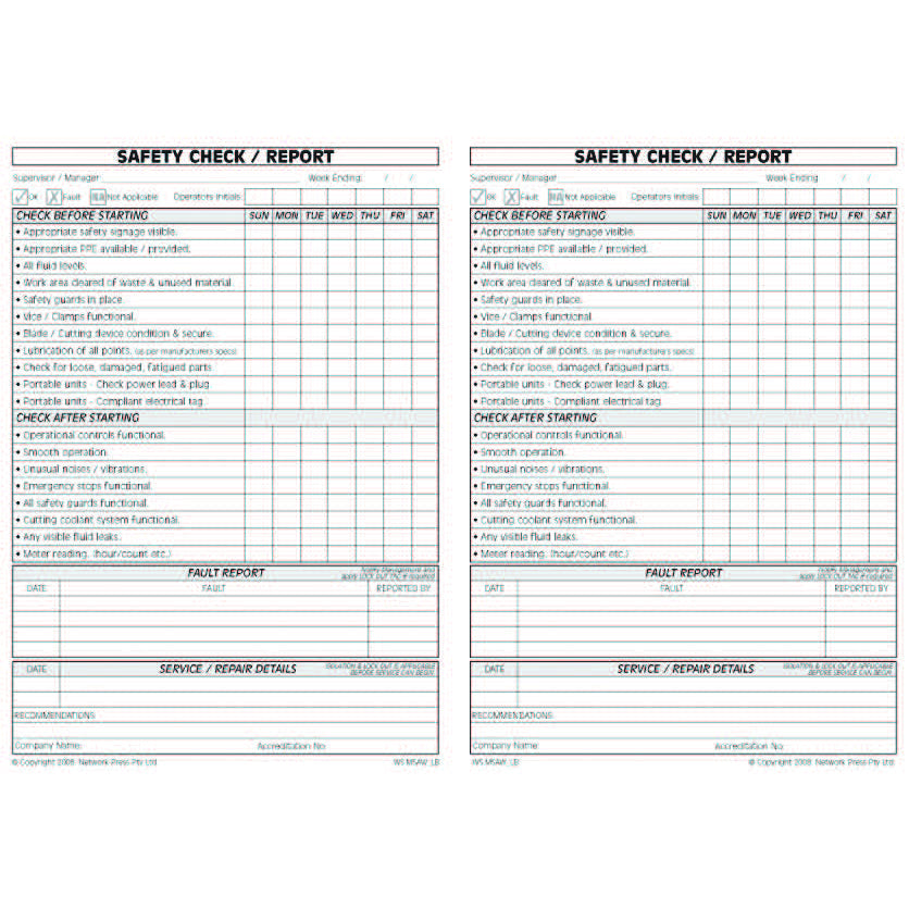 Metal Cut Off Saw Pre Start Safety Check & Maintenance Book