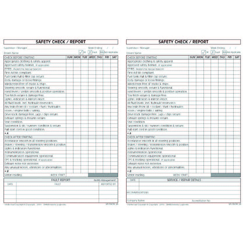 Snow Vehicles Safety Pre Start Check & Maintenance Logbook