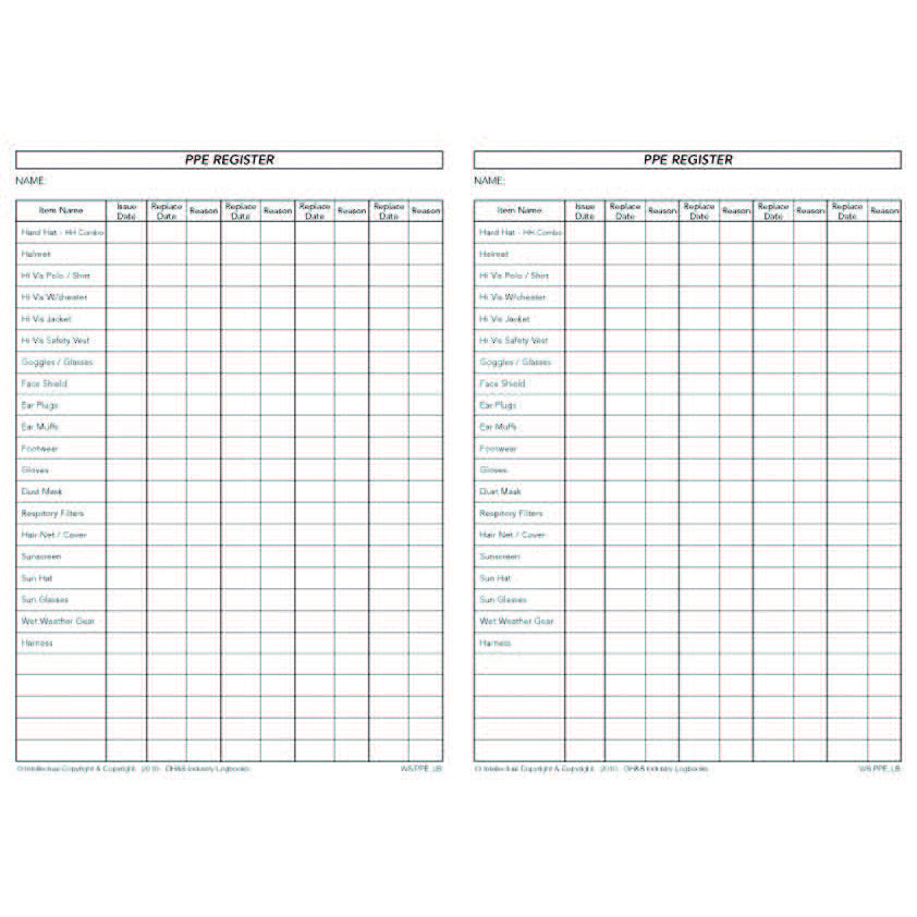 PPE Register and Usage Log Book