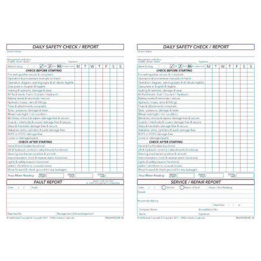 Telehandler Pre Start Safety & Maintenance Checklist Logbook