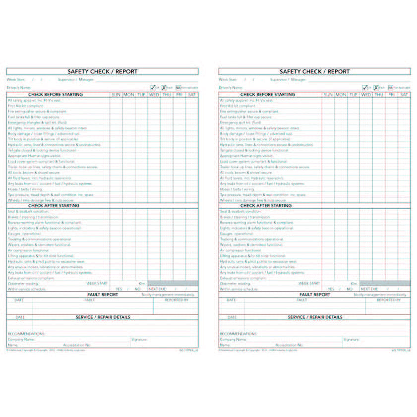 Tipper Trucks Pre Start Safety & Maintenance Check Logbook