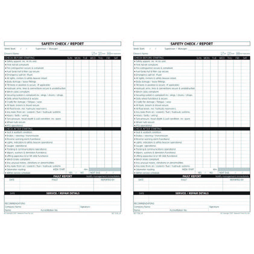Tow Trucks & Tilt Tray Pre Start Safety Check Logbook