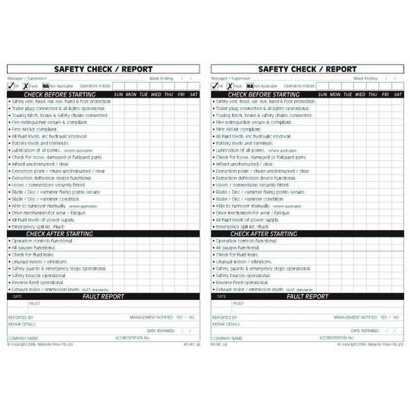 Wood Chipper Pre Start Safety and Maintenance Check Logbook